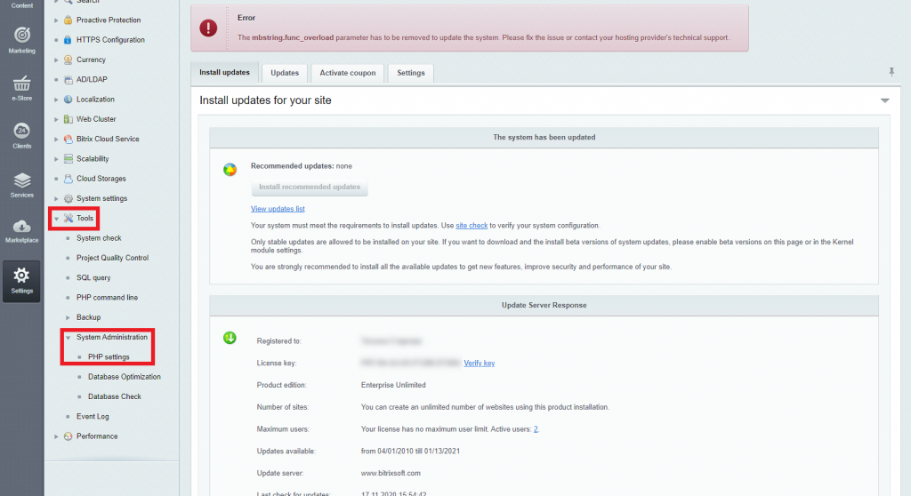 Errore: rimuovere l'impostazione PHP mbstring.func_overload